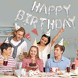 LIOZEOKUN Happy Birthday Balloon Letters 16 inch Mylar Foil Birthday Balloons Banner Sign for Birthday Party Decorations Supplies (Silver)