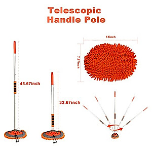 Buyplus Car Wash Brush Mop with 46" Aluminum Alloy Long Handle, 3-in-1 Chenille Microfiber Car Cleaning Kit Brush Duster, Not Hurt Paint Scratch Free Window Squeegee(Orange)