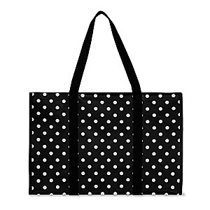 Kate Spade New York Large Reusable Grocery Bag, Oversized Tote Bag with Pockets, Black Collapsible Tote for Shopping, Picture Dot
