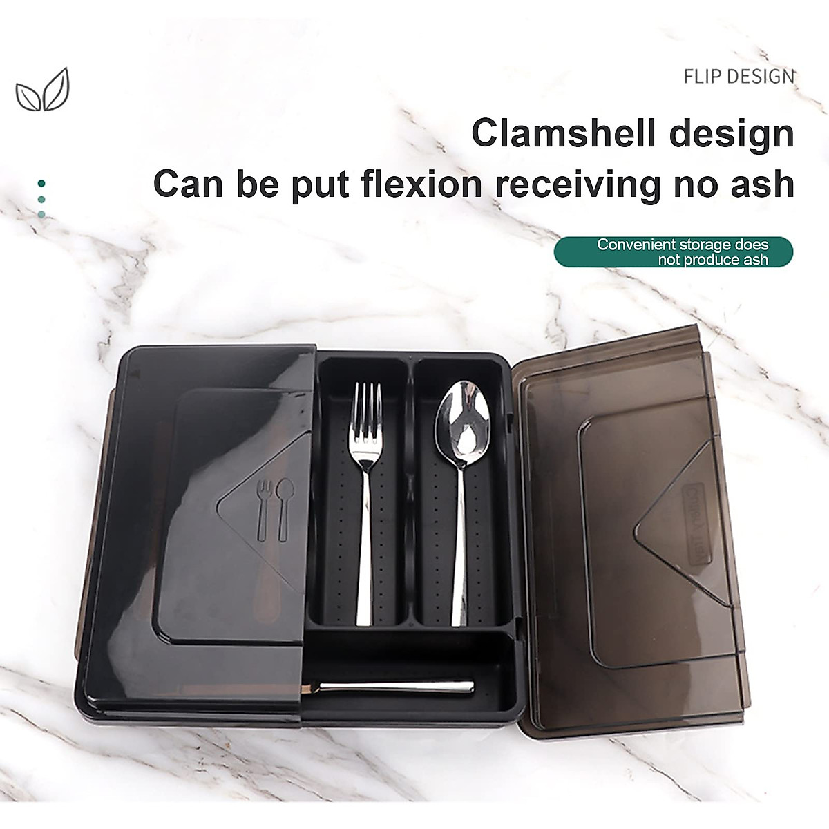 RNCOZE Utensil Holder for Countertop with Lid, 5 Compartments Flatware Organizer, Portable Flip Cover Silverware Organizer Storage Case, Plastic Silverware Tray for Drawer Countertop