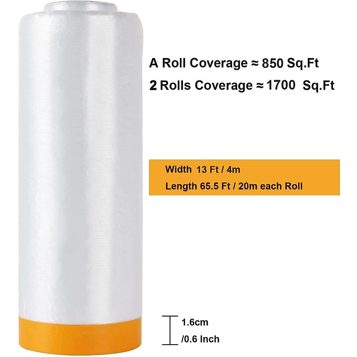 AConnet Pre-Taped Masking Film 13ft x 130ft Painters Plastic Sheeting Roll, Clear Plastic Sheeting Cover Plastic Drop Cloths for Painting, Automotive Appliance (2 Rolls, 65ft Per Roll)