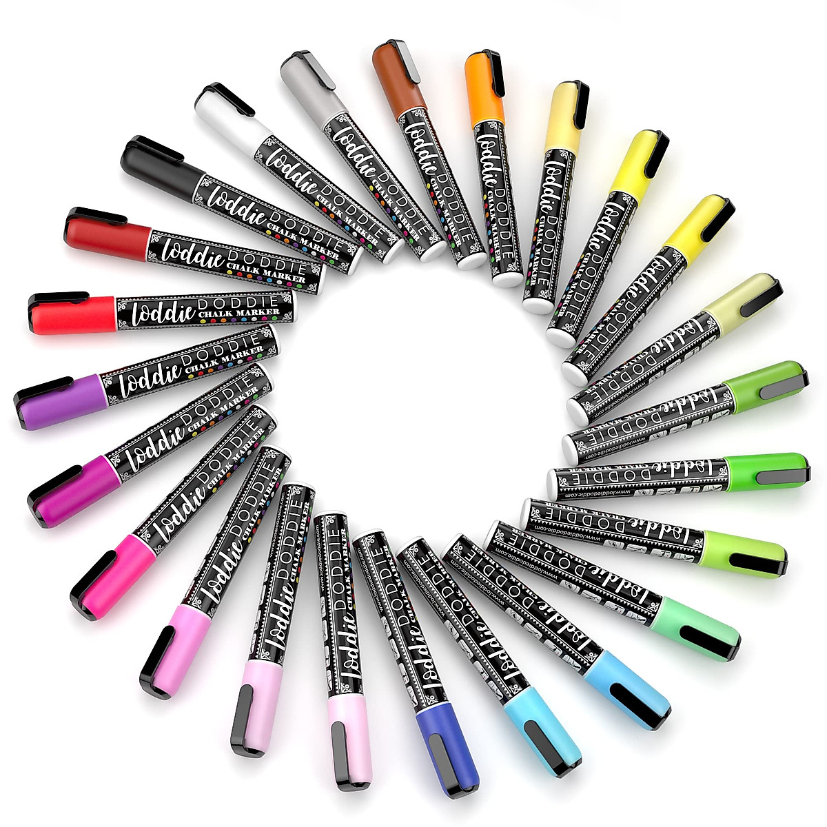 Loddie Doddie Liquid Chalk Markers | Dust Free Chalk Pens - Perfect for Chalkboards, Blackboards, Windows and Glass | 6mm Reversible Bullet & Chisel Tip Erasable Ink (Pack of 24)
