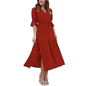 OFEEFAN Midi Dresses for Women Summer Casual Smocked Dress Flowy V Neck Dress Long Burgundy M