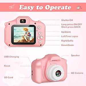 Zeacool Kids Camera,HD Digital Video Camera,Childrens Toys for 3 4 5 6 7 8 9 10 11 12 Year Old Boys/Girls,Selfie Camera for Kids,Christmas Birthday Gifts with 32GB SD Card(Pink)