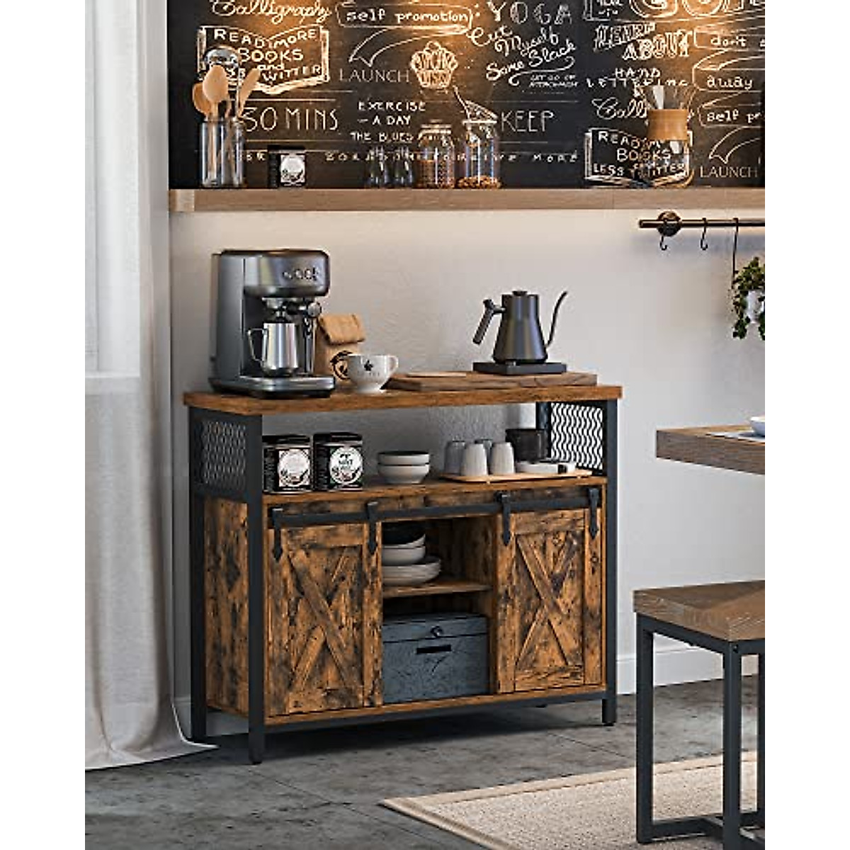 VASAGLE Buffet Sideboard Storage Cabinet with Adjustable Shelf and Sliding Barn Door, Open Compartment, 13 x 39.4 x 31.5 Inches, Rustic Brown and Black