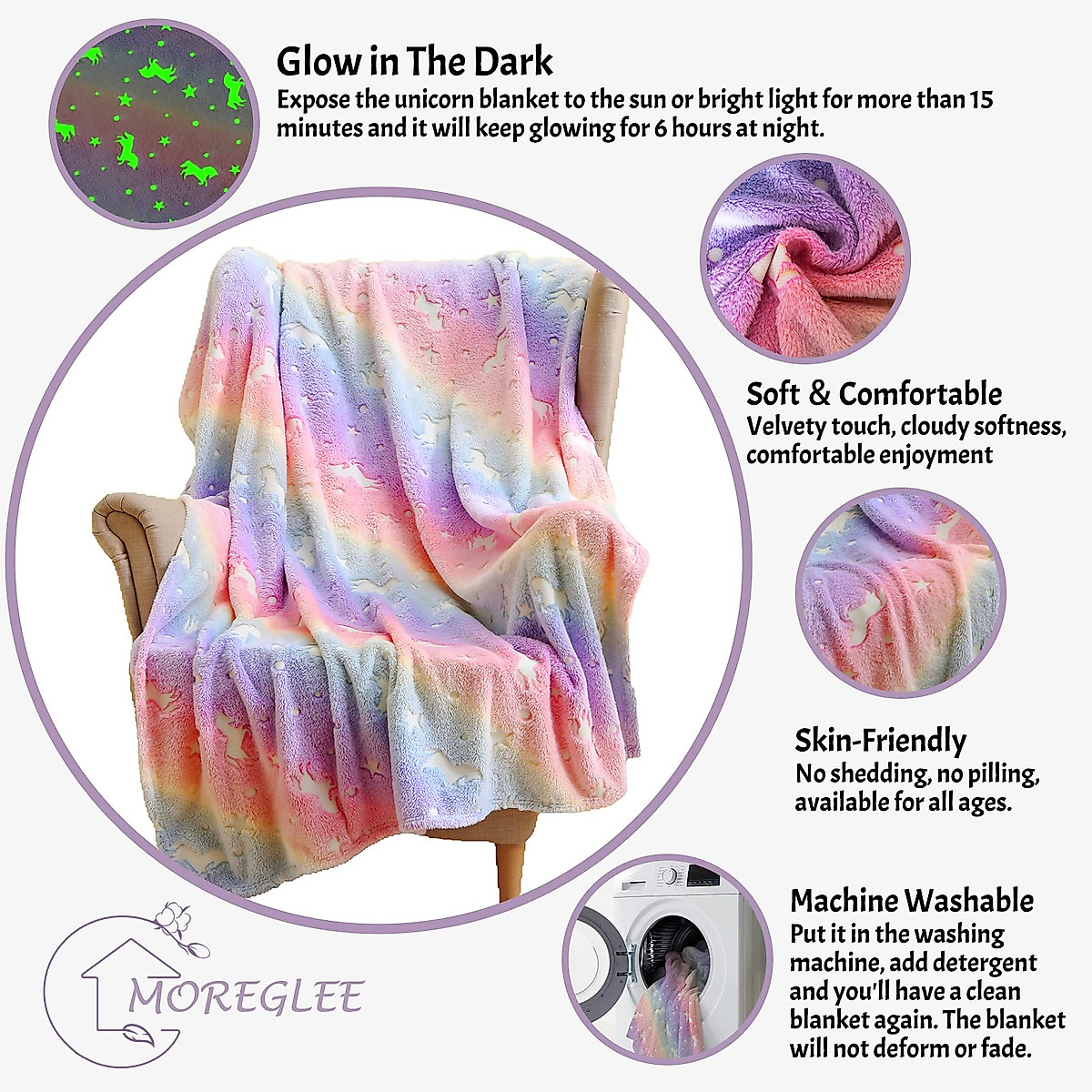 Unicorn Glow in The Dark Blanket Unicorns Gifts for Girls 60"x50" Luminous Rainbow Pink Unicorn Blanket Valentine Easter Christmas Birthday Gifts for Girls 1-12 Year Old Baby Toddler Kid Magic Blanket