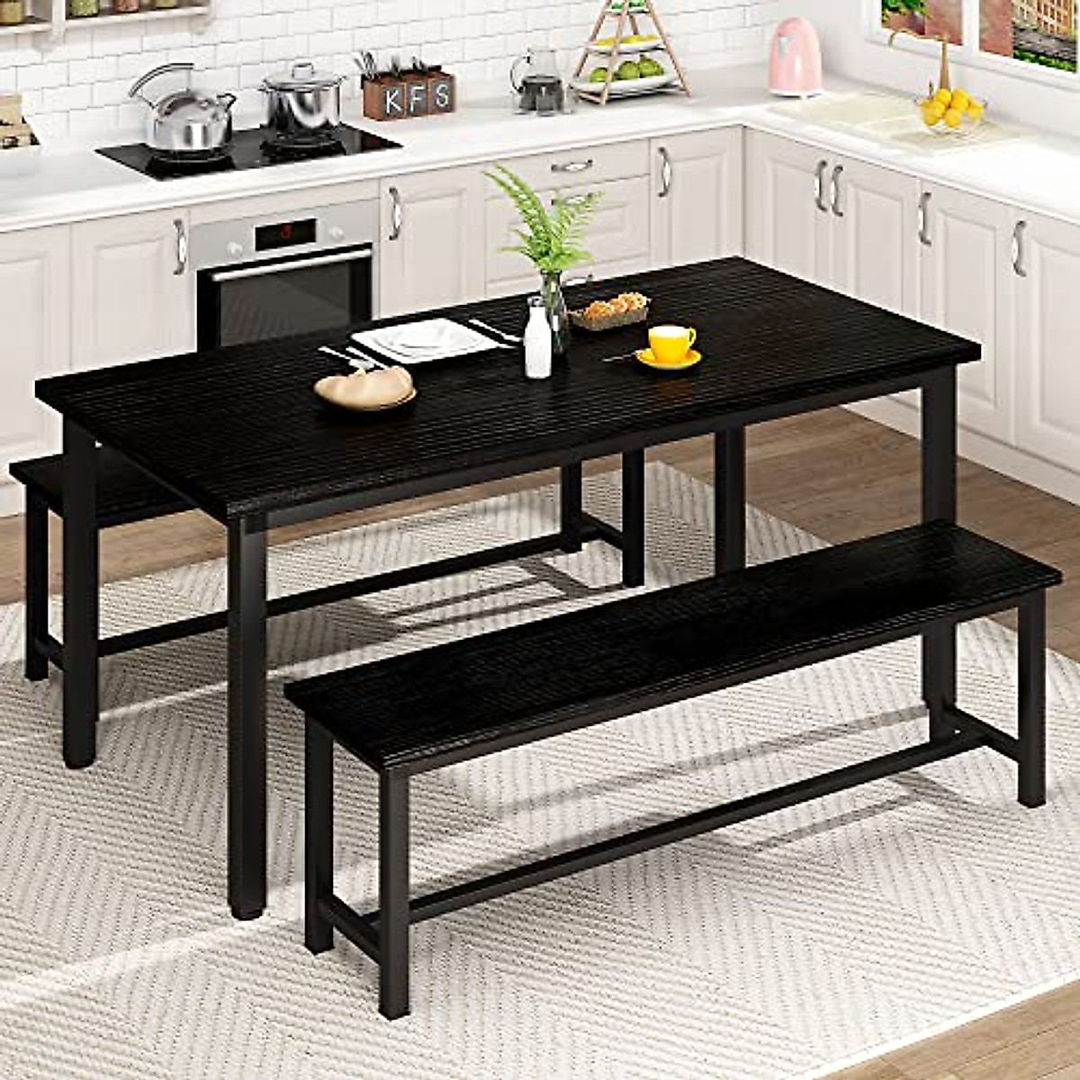 Lamerge Kitchen Table Set with 2 Benches 4 Person Dining Room Table Set for Home Kitchen, Dining Room, Restaurant, Space Saving, Black, 43.3''L x23.6''W x28.5''H (43B)