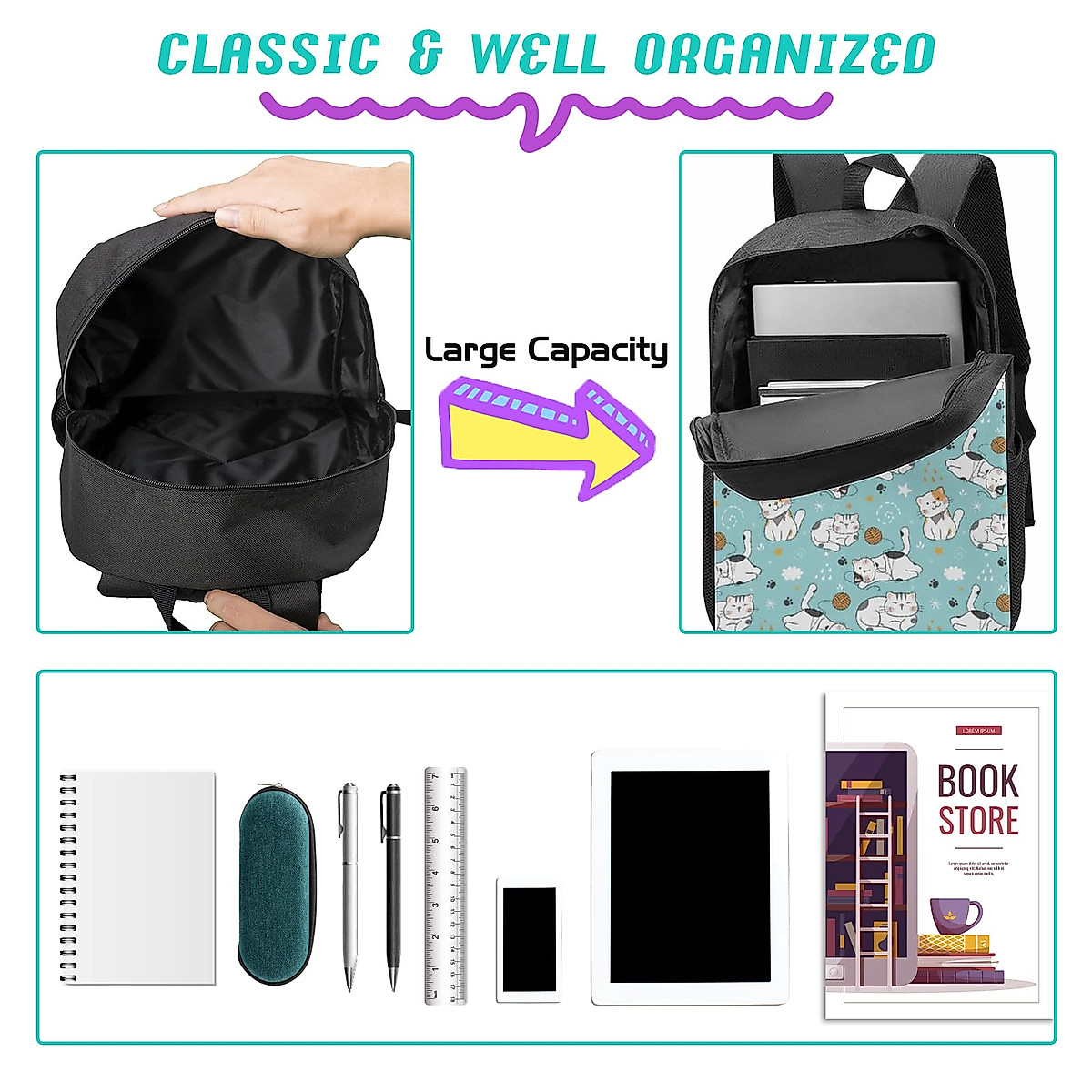 Cat Cute Aesthetic Backpack Set for Elementary School Student, Lightweight Classic Backpack for Women Girls School Bookbags with Lunch Box Pencil Case, Kawaii Backpack for Travel, School, Outdoor