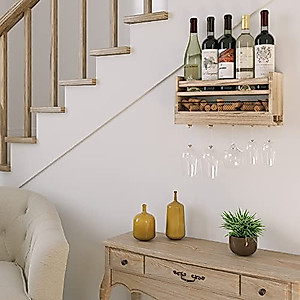 YouHaveSpace Barrel Wall Mounted Wood Wine and Glass Rack with Wire Cork Storage, Hanging Wine Rack for Kitchen, Living Room, Dining Room, Light Burnt Natural