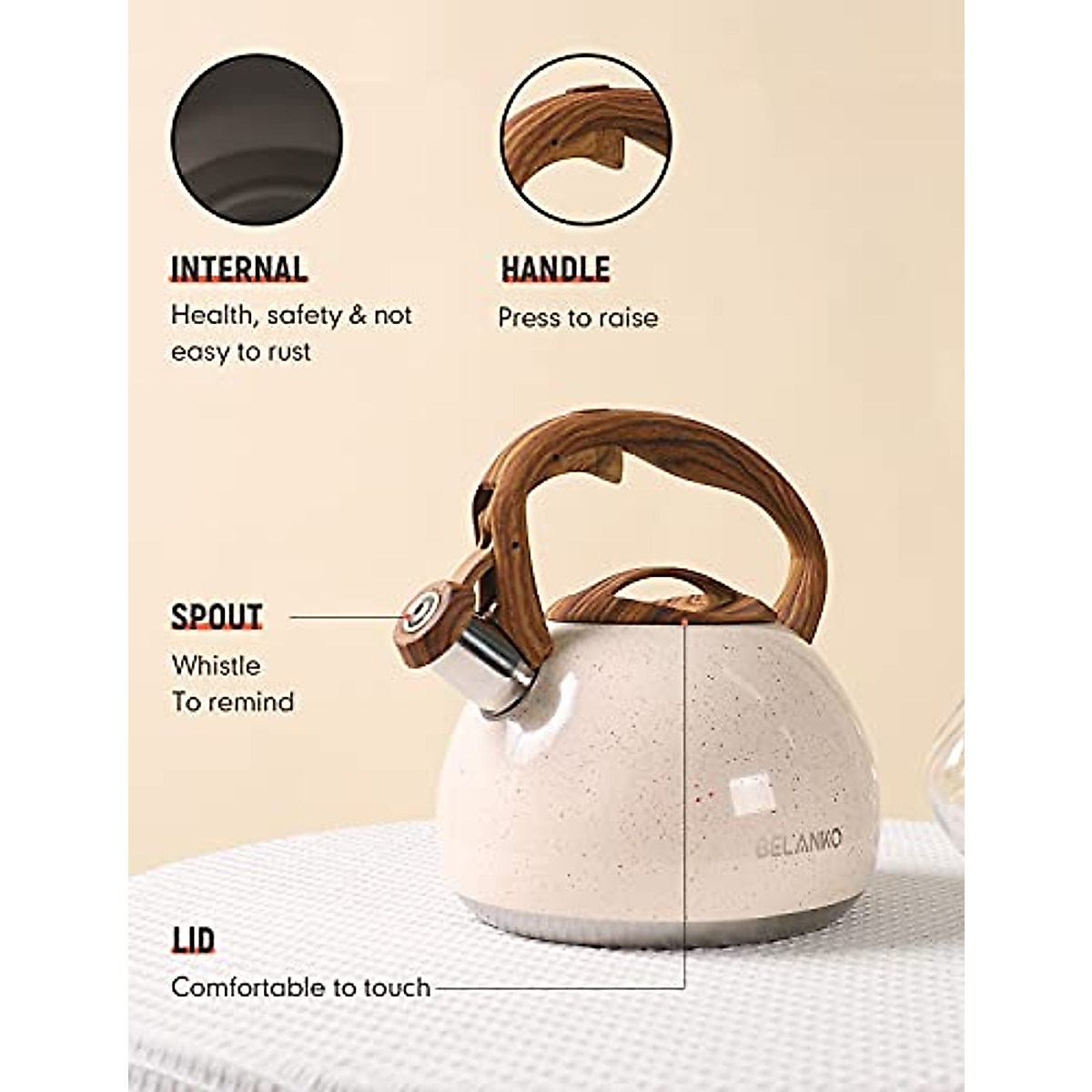 Tea Kettle, 2.7 Quart BELANKO Teapot for Stovetops Wood Pattern Handle with Loud Whistle Food Grade Stainless Steel Tea Pot Water Kettle - Cream White
