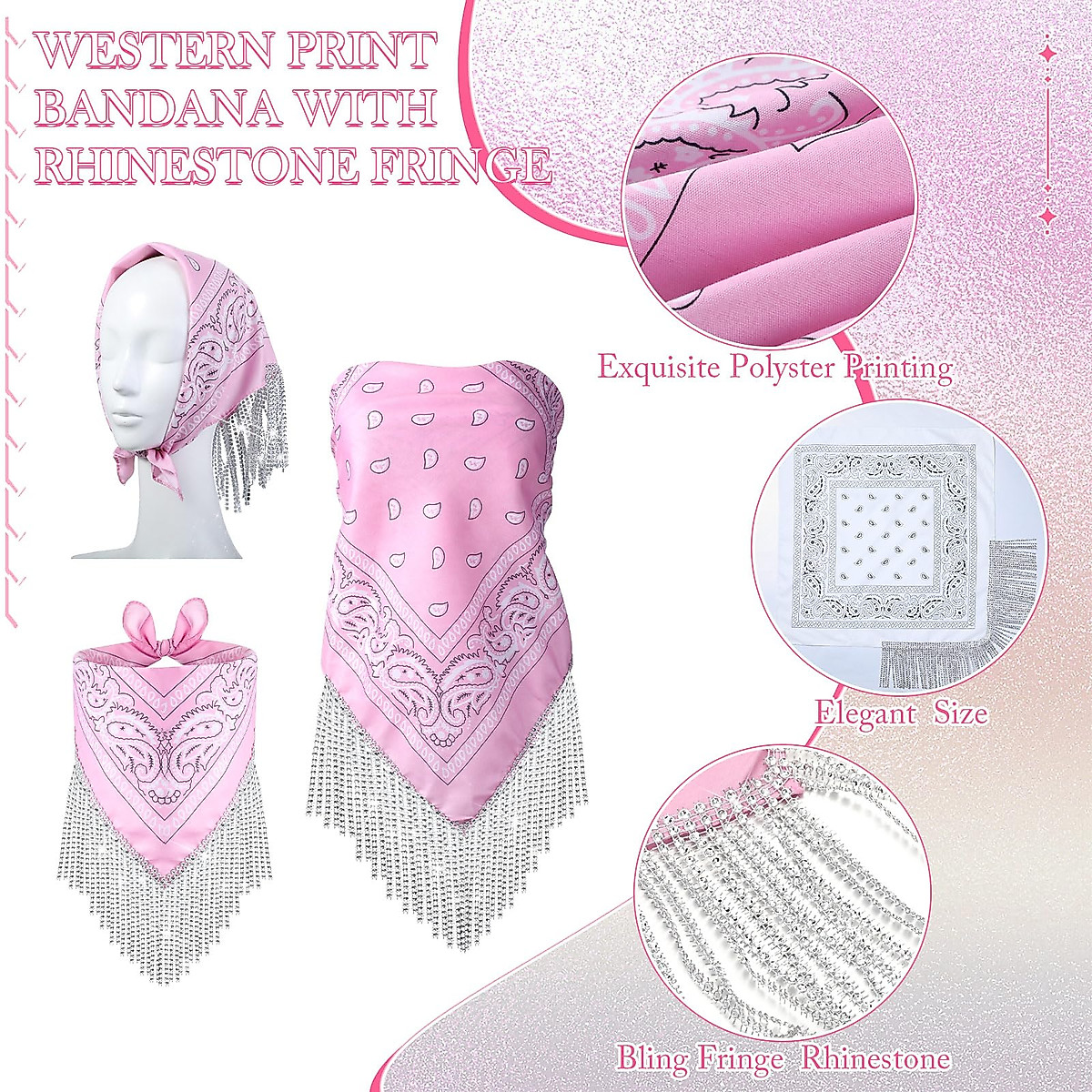 Xtinmee 5 Pcs Rhinestone Cowgirl Hat Bandana with Fringe Earrings 1 Cowboy Hat 2 Disco Fringe Tassel Bandanas and 2 Earrings (White,Modern Style)