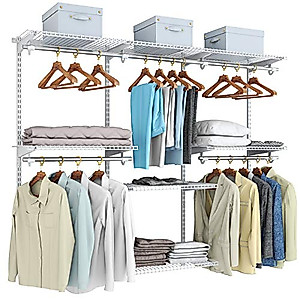 Moccha Custom Closet Organizer System, Wall Mounted Closet System with Hanging Rod, Metal Hanging Storage Organizer Rack Wardrobe with Shelves, Adjustable Closet Organizer Kit for Bedroom, White