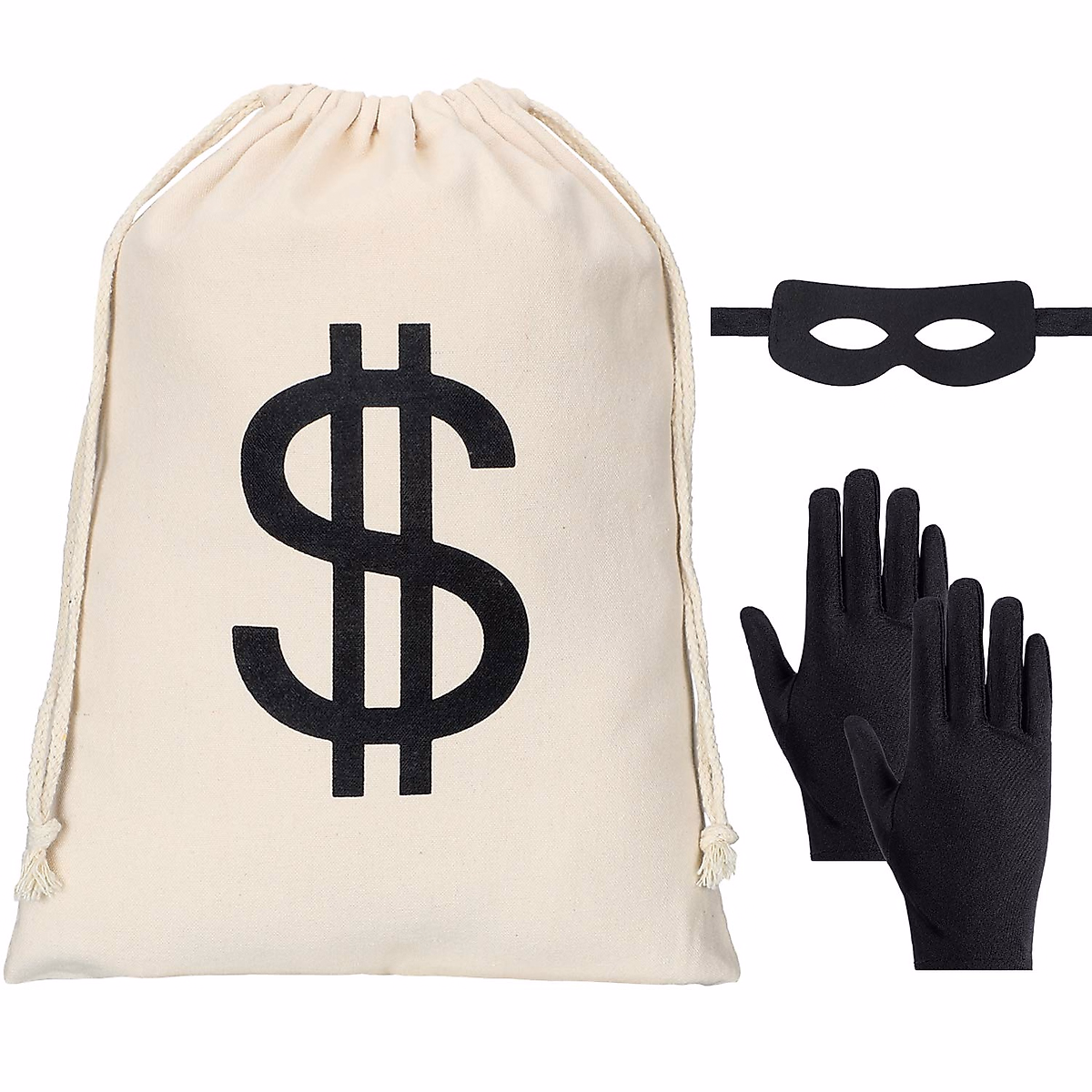 Robber Costume Set, Include 11.8x15.7inch Dollar Sign Money Bag, Black Gloves, Eye Mask for Halloween Party Pirate Thief Cosplay Costume