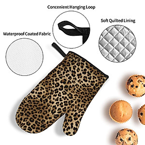 Leopard Print Oven Mitts and 2 Pot Holders Set, Soft Cotton Lining with Non-Slip Surface, Kitchen Microwave Gloves for Baking Cooking Grilling BBQ