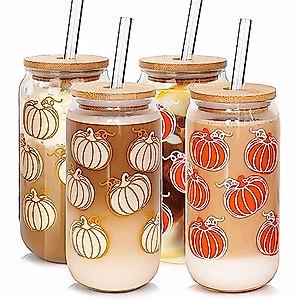 Fall Coffee Mug - Unique Autumn Decor & Iced Coffee Cup Fall Decor Pumpkin Mug with Pumpkin Decorations Thanksgiving Fall Wedding Tumbler Can Shaped Fall Cups with Bamboo Lid Glass Straw - 18oz