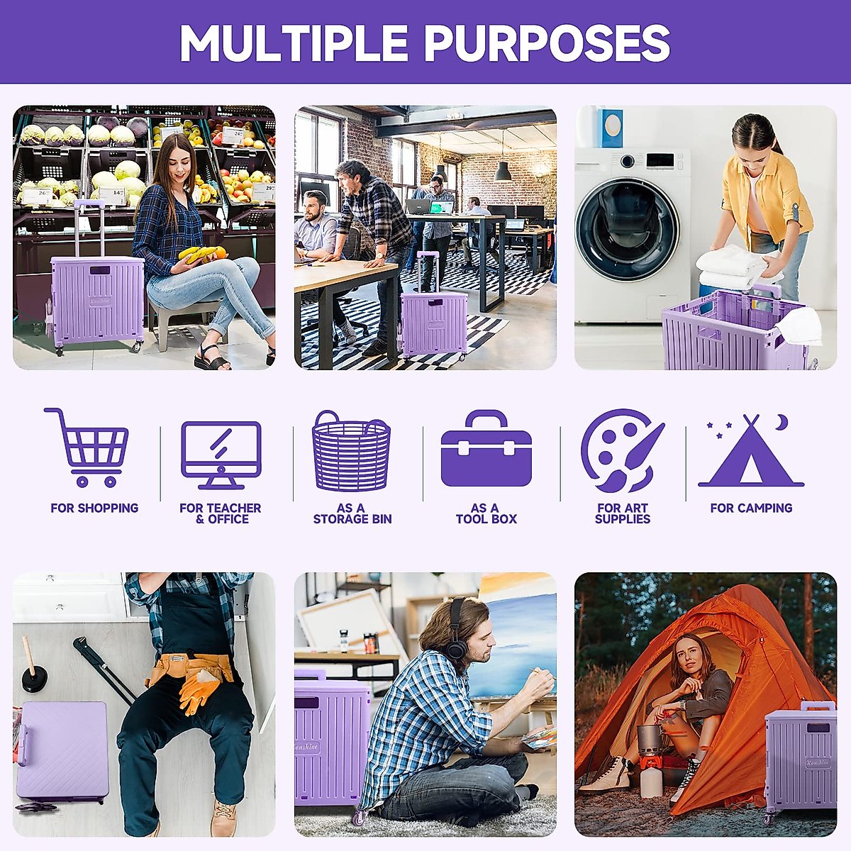 Honshine Foldable Cart with Stair Climbing Wheels, Collapsible Rolling Crate with Telescoping Handle, Handcart for Grocery Book File Tool Art Supplies(Lavender)