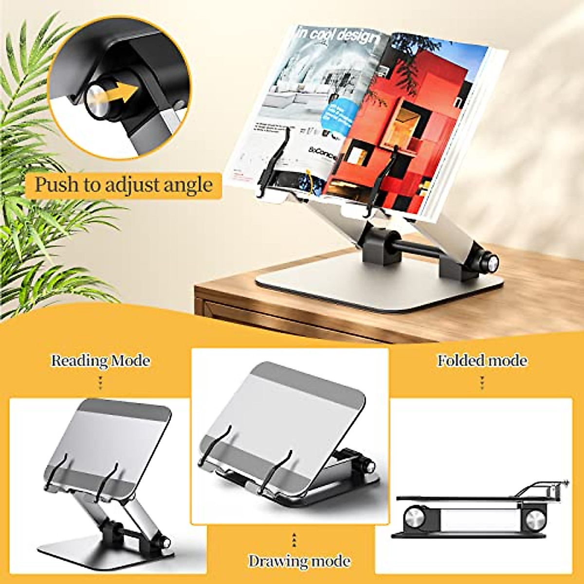 Book Stand for Reading, Grathia Adjustable Book Holder with Page Clips & Multi Heights Angles, Aluminum Ergonomic Desk Page Holder Foldable Book Stands Holder for Textbook Recipe Music Tablet (12'')