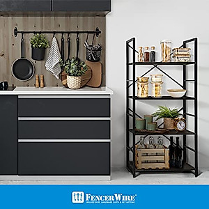 Fencer Wire 4 Tier Free Standing Shelf, 24 Inch Width Bookshelf, Bookcase Shelf Storage Organizer, Industrial Book Shelves for Home Office, Living Room, Kitchen, Black Wooden Shelves & Metal Frame