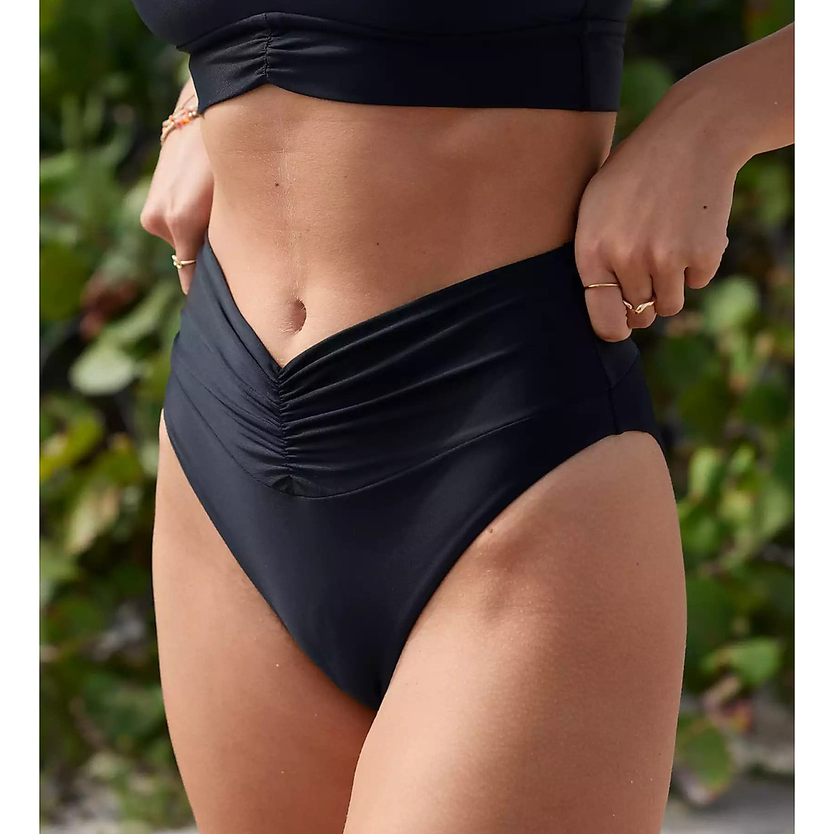 Zohamung Womens Retro High Waisted Bikini Bottoms Brazilian Cheeky High Cut Tankini Briefs Gray Black