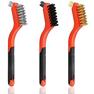 IEGREMAR 3pcs Wire Brushes for Cleaning Rust, Upgrade Wire Brush Set - Brass/Stainless Steel/Nylon Bristles, Small Metal Wire Brush with Curved Handle Grip, Wire Brushes for Paint and Stain, 7 Inches