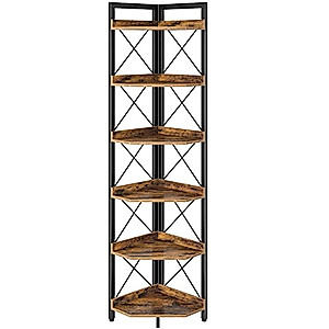 Rolanstar Corner Shelf, 6 Tier Book Shelf Display Shelves, Corner Ladder Shelf Plant Stand for Living Room, Kitchen, Balcony, Small Space, Rustic Brown