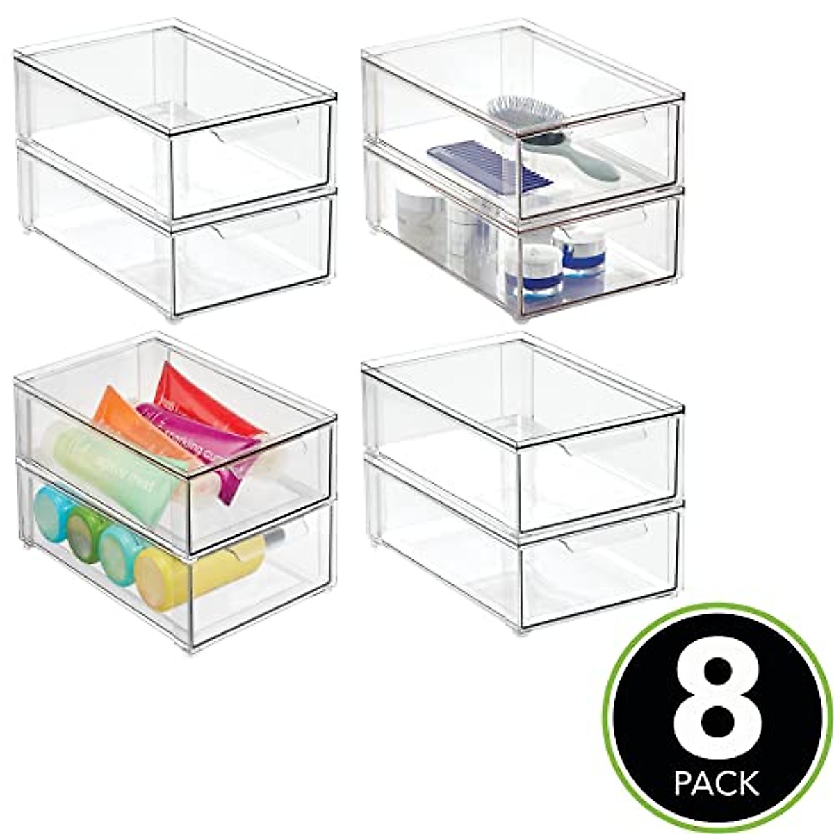 mDesign Plastic Stackable Bathroom Storage Organizer Bin with Pull Out Drawer for Cabinet, Vanity, Shelf, Cupboard, Cabinet, or Closet Organization - Lumiere Collection - 8 Pack - (Clear, 8 x 12 x 4)