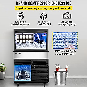 VEVOR 110V Commercial Ice Maker Machine 110LBS/24H with 39LBS Bin, LED Panel, Stainless Steel, Auto Clean, Include Water Filter, Scoop, Connection Hose, Professional Refrigeration Equipment