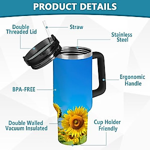 FRCSDIY Sunflower Insulated Tumbler with Handle and Straw Lid,30oz Leakproof Stainless Steel Cup BPA-Free Water Bottle