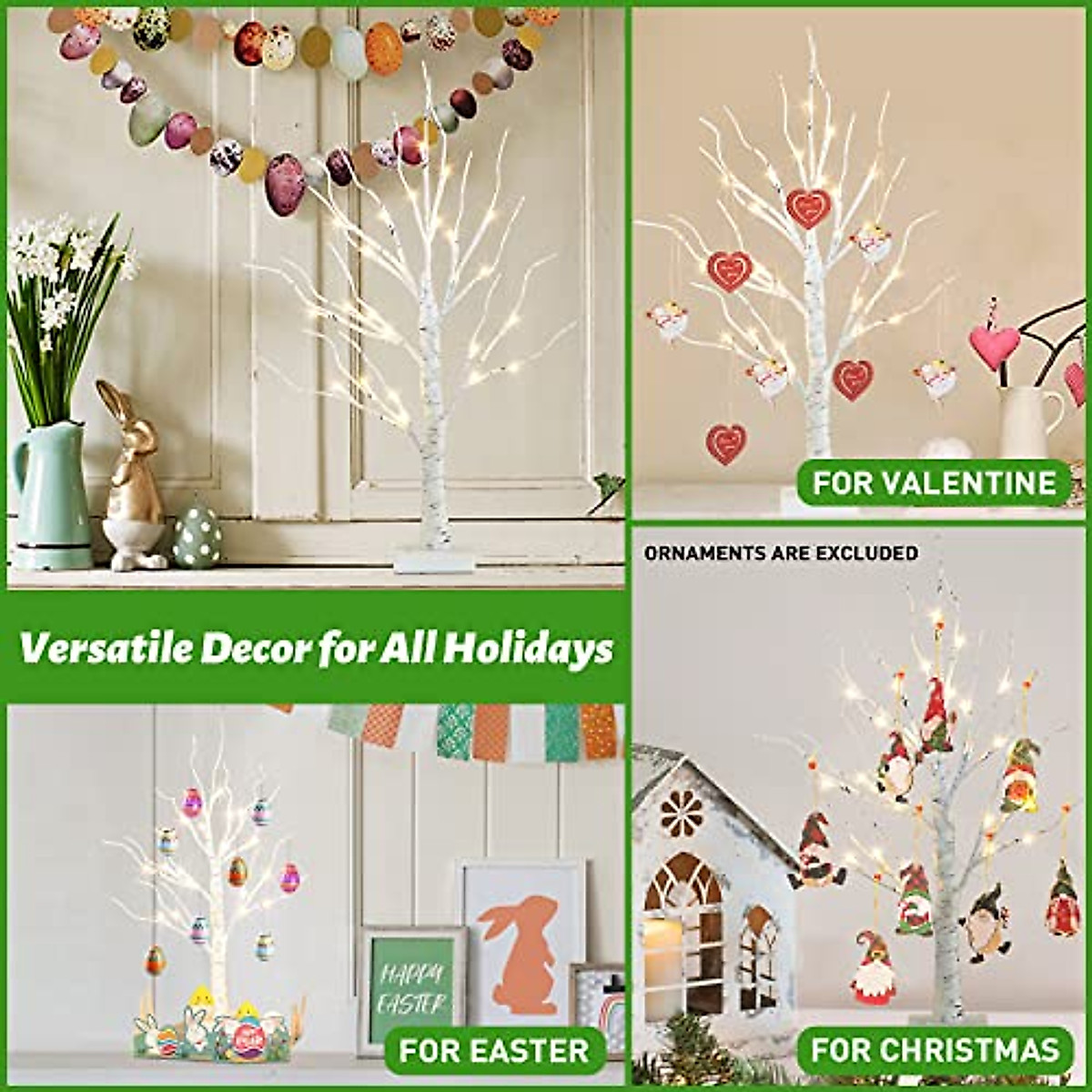 PEIDUO Easter Decorations for The Home, Easter Tree Battery Powered Timer, Lighted Birch Tree with LED Lights, Artificial Tree Lamp for Easter Home Decor (2FT Warm White)