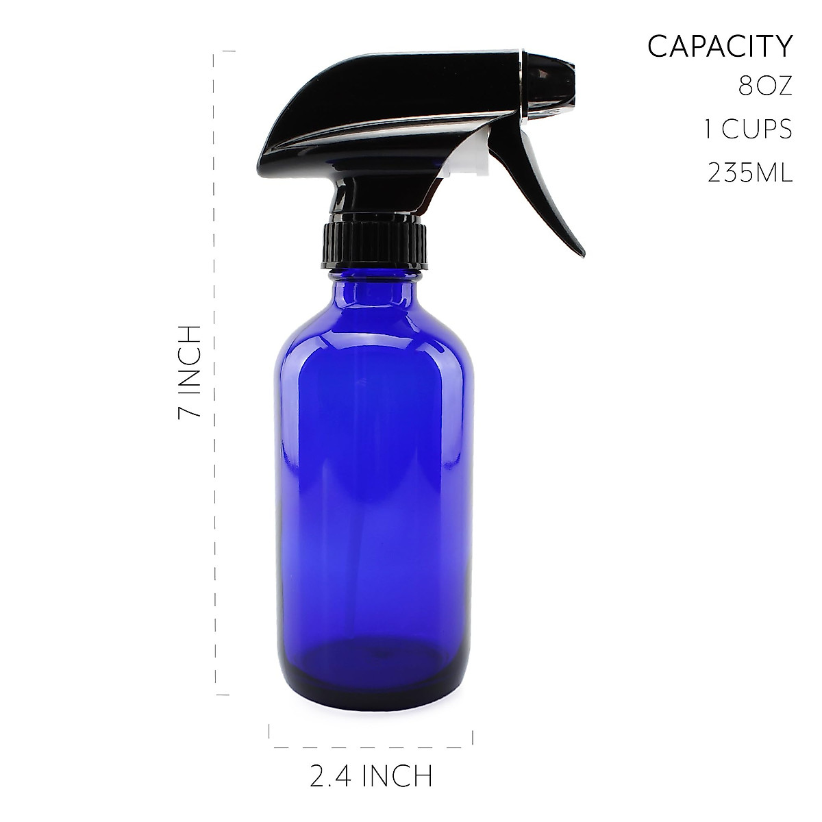 Cornucopia 8-Ounce Cobalt Blue Glass Boston Round Spray Bottles (2 Pack) 3-Setting Heavy Duty Sprayers, Empty Refillable Bottle for Essential Oil Blends, DIY Cleaning & More