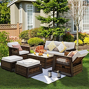 6 Pcs Outdoor Furniture Set, Patio Furniture with Aluminum Frame, Wicker Recliner Chairs with Ottomans, Modern Outdoor Conversation Set Sectional Sofa, Rattan Patio Set with Storage Table (Brown)