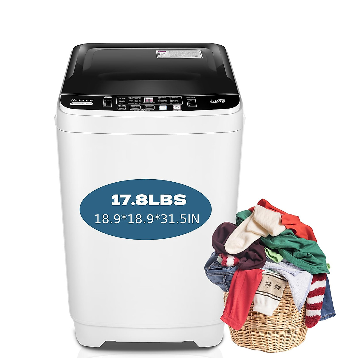 Nictemaw Portable Washing Machine, 17.8Lbs Capacity Full Automatic Compact Laundry Washer, 2.3 Cu.ft Portable Washer with 10 Wash Programs & 8 Water Levels & Drain Pump for Apartment, RV, Dorm