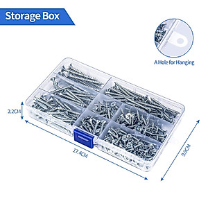 WELLOCKS Wood Screws 290 PCS #6#8#10 Metal Drywall Screws Assortment Upgrade Thicken Box Carbon Steel Flat Head Self Tapping Screw Kit with Handy Storage Box for Homemade Repair Woodwork(D001)