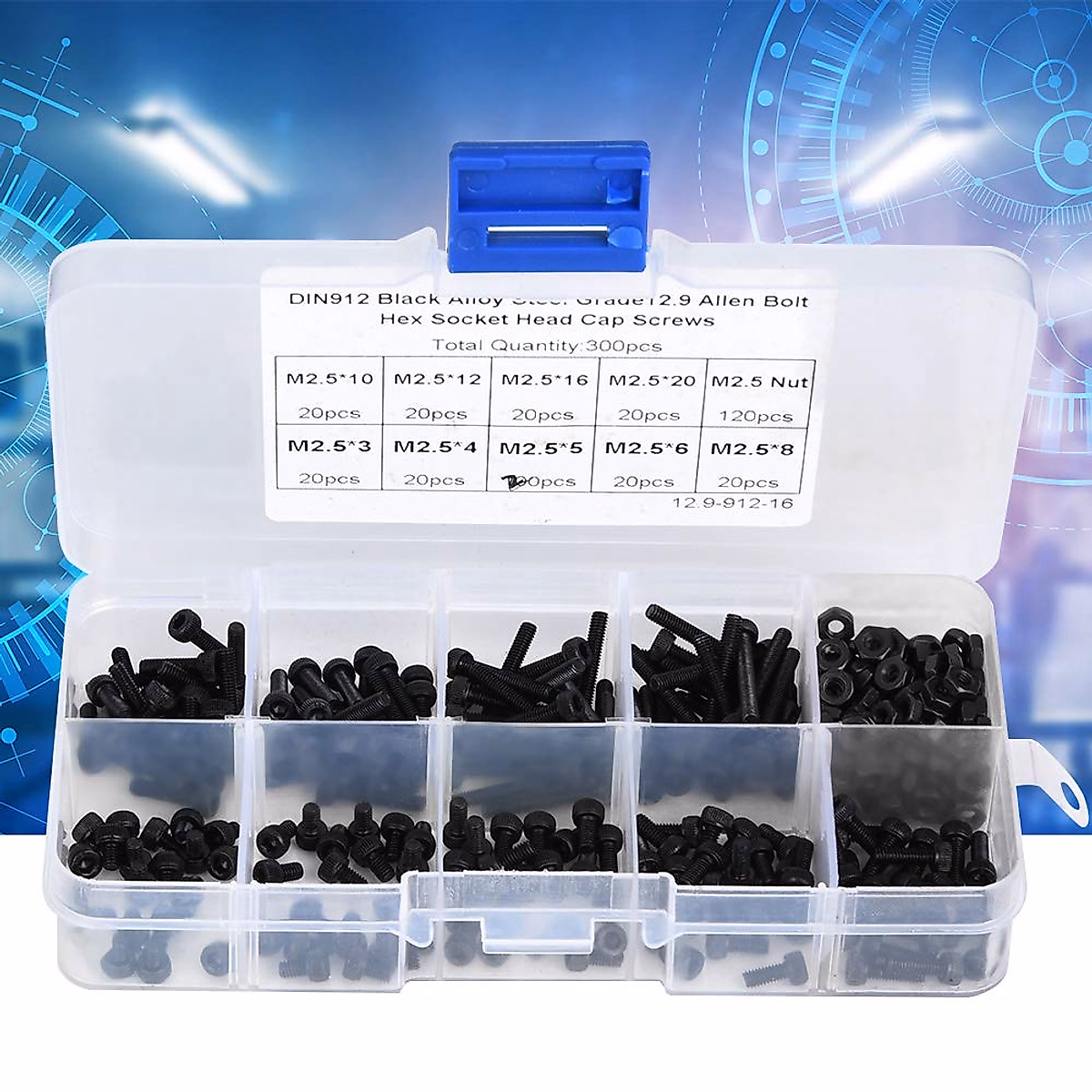 M2.5 x 3-20mm Alloy Steel Socket Head Screws, Black Screw Bolt with Nut, 300Pcs Socket Head Cap Screw Fastener for Professionals Amateurs