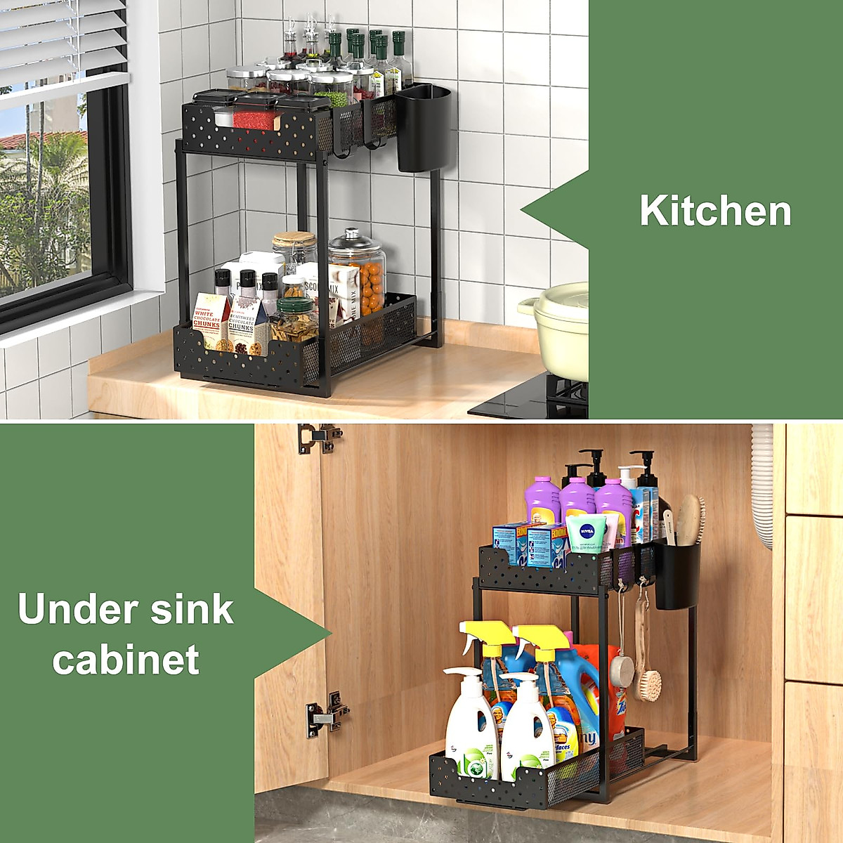 𝗡𝗲𝘄𝗲𝘀𝘁 Metal Under Sink Organizer and Storage, Bathroom Cabinet Organizer, 2 Tier Pull Out Under Cabinet Storage, Black Slide-Out Undersink Organizer for Kitchen/Home, Under Counter Organizer