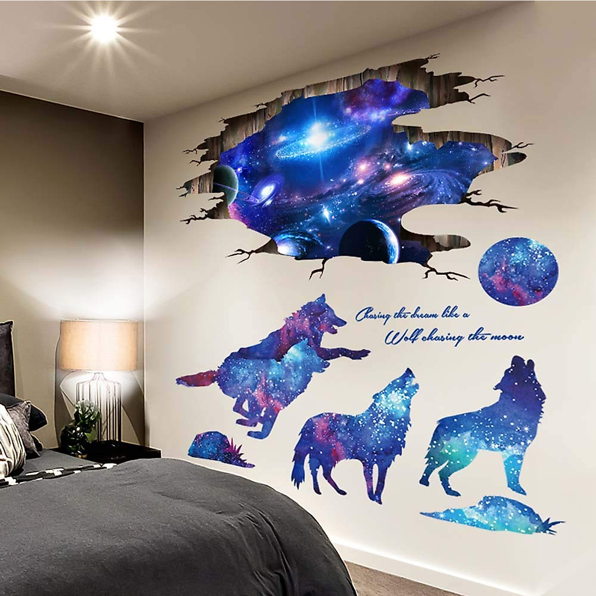 3D Blue Starry Sky Wolf Moon Wall Decals Removable PVC Magic 3D Milky Way Outer Space Planet Wall Sticker Peel Stick Home Decor for Kids Baby Bedroom Boys Girls Nursery Room Ceiling Living Room