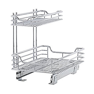 Household Essentials C21521-1 Glidez Dual 2-Tier Sliding Cabinet Organizer, 14.5" Wide, Chrome & C26512-1 Glidez Under Sink Sliding Organizer | Pull Out Cabinet Shelf | Chrome | 12.5 Inches Wide
