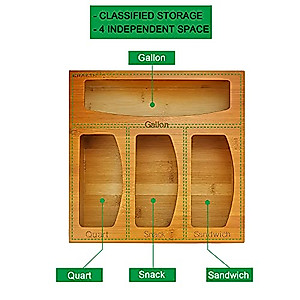CRAKTH Bamboo Ziplock Bag Storage Organizer and Dispenser for Kitchen Drawer, Suitable for Gallon, Quart, Sandwich & Snack Variety Size Bag
