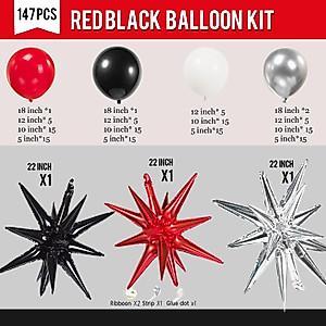 Kozee Black Red silver White Balloon Garland kit 146Pcs and Mylar starburst balloons for Birthday Party 2024 graduation prom day baby shower Decorations