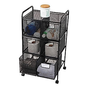 Mind Reader Cart with Drawers, Laundry Organizer, Utility Cart, Bathroom, Kitchen, Metal Mesh, 16"L x 11"W x 29"H, Black