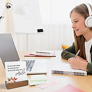 Pigort Let Your Smile Change the World Sign Decor Inspirational Desk Quote Sign Office Motivational Gifts Positive Quotes Ceramic Decor with Wooden Stand for Home Office Classroom Decoration