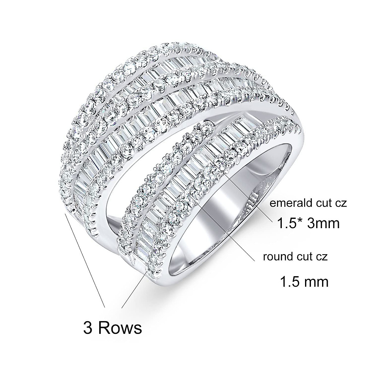 OPOMOMO Eternity Ring Wedding Bands,18K White Gold Plated 3 Rows Emerald Cut Lab Diamond Band Rings for Women Men (8) (C-white -3 rows, 8)
