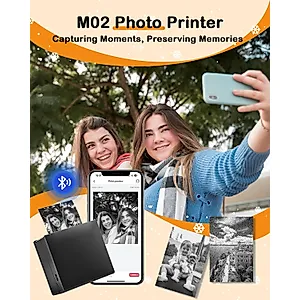 Memoking Sticker Printer, M02 Mini Printer Portable Bluetooth Mini Printer Sticker Maker with 3 Rolls Paper, Print Pods Mini Printer Pocket Printer with Multiple Templates for Phone & Tablet, Black