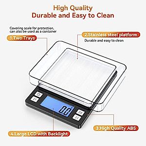BOMATA Upgraded Small Food Scale with New Hold Function and Larger Display, 3000g/0.1g High Accuracy Digital Scale Grams and oz for Kitchen, Small Item, Jewelry, (2 Trays & Batteries Included)