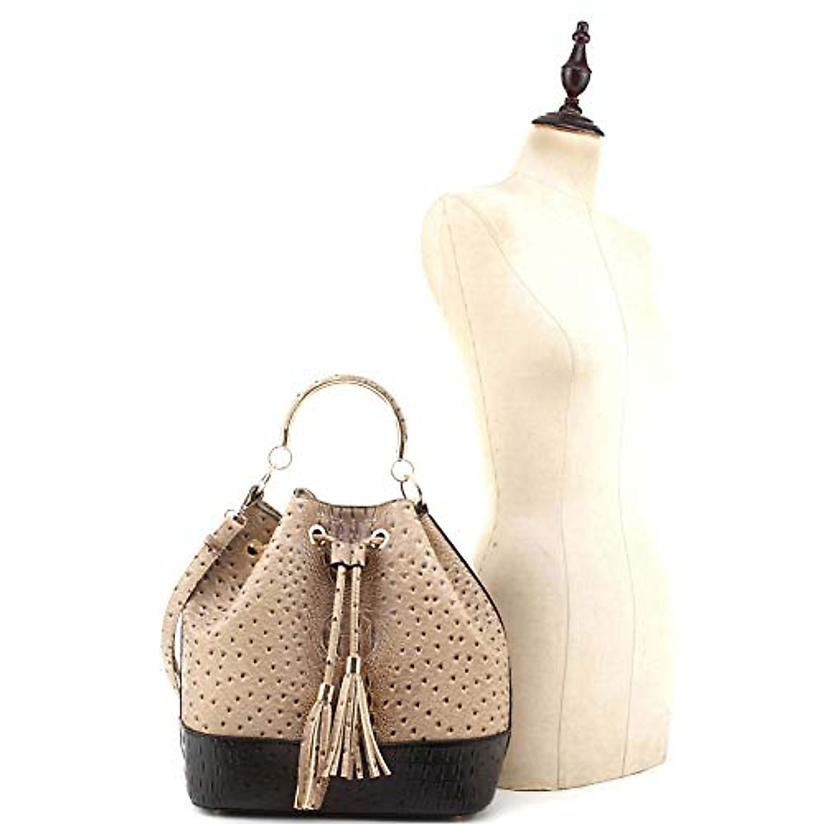 Boho Tassel Ostrich Print Vegan Leather Handle Bucket Handbag Satchel Wallet Set (Brown/Dark Brown)