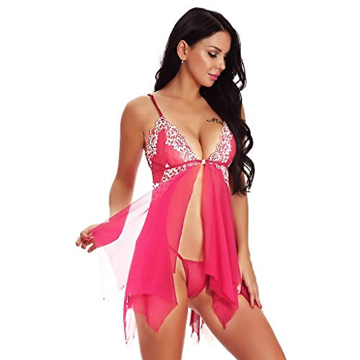 Aniywn Women's Sexy Lace Lingerie Front Closure Babydoll V Neck Mesh Lingerie Nightwear Sexy Chemise Sleepwear Watermelon Red