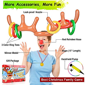 2 Set Inflatable Reindeer Antler Game (2 Reindeer Antler Hat with 12 Ring Toss, 2 Red Reindeer Nose, 1 Medal and 1 Hand-held Pump) Great Family Christmas Party Games