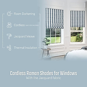 Everyday Celebration Roman Shades for Windows, Cordless Room Darkening Roman Window Shades, Pull Down Yarn-Dyed Vertical Stripe Window, Indoor Blinds & Shades with Woven Fabric, 35" W X 64" H, (Blue)