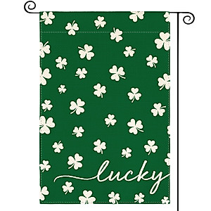 AVOIN colorlife St Patricks Day Lucky Garden Flag 12x18 Inch Double Sided Outside, Floral Small Burlap Shamrocks Clovers Yard Outdoor Decoration