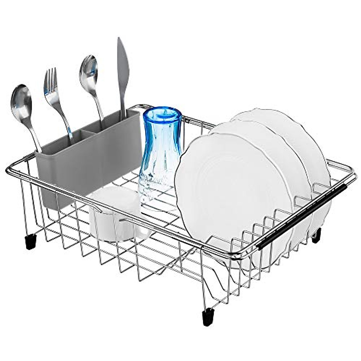 iPEGTOP Expandable Deep & Large Dish Drying Rack, Over The Sink, in Sink Or On Counter Dish Drainer Basket Shelf with Grey Removable Utensil Silverware Holder, Rustproof Stainless Steel